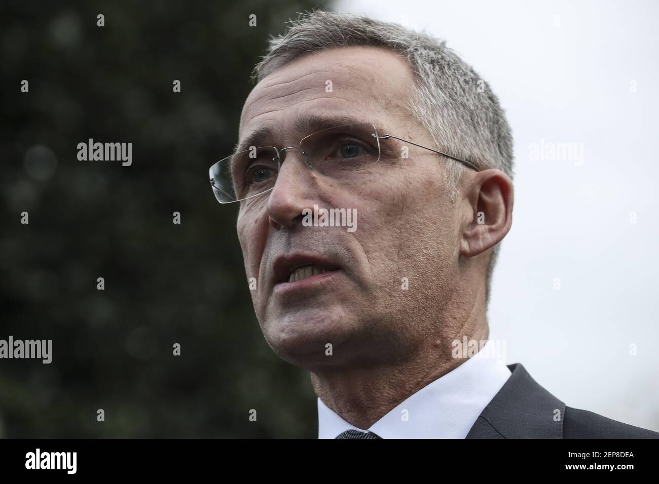 NATO Secretary General Jens Stoltenberg speaks to members of the media ...