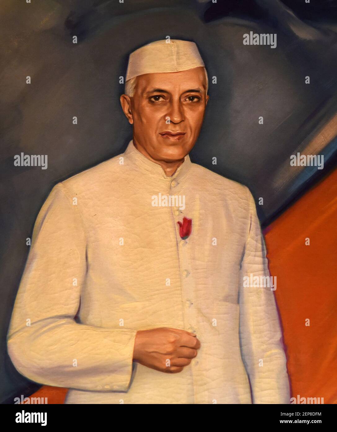NEW DELHI, INDIA - NOVEMBER 14: A portrait of the first Prime Minister ...