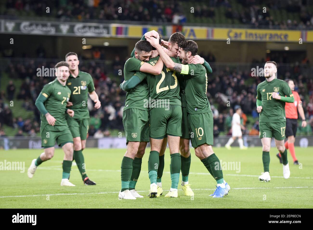 The Irish players celebrate scoring during the International Friendly ...