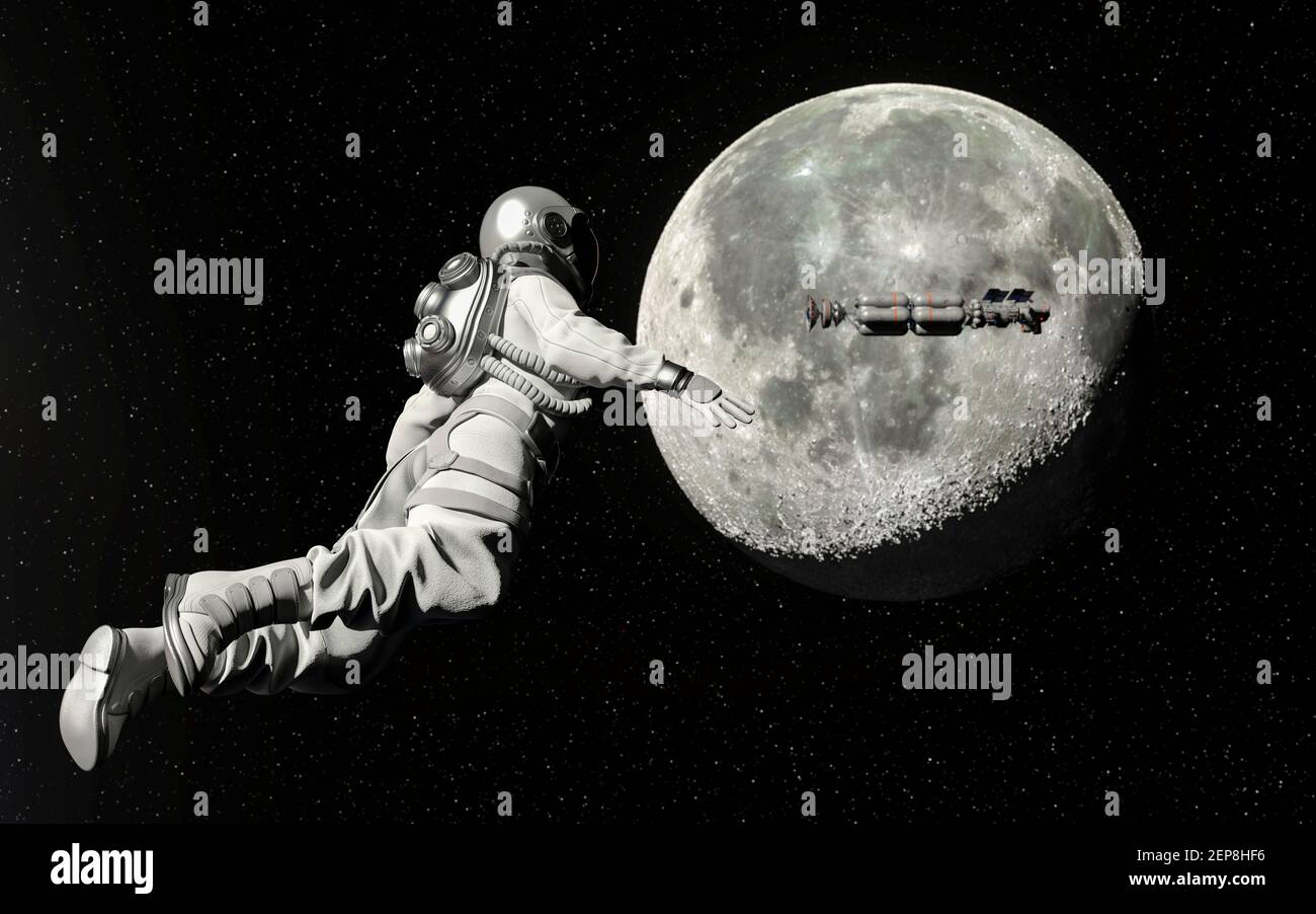 Astronaut walking in space with moon background - 3d rendering Stock ...