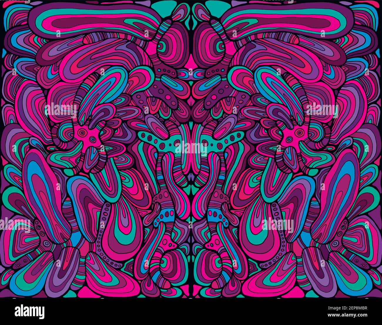 Psychedelic colorful surreal doodle pattern. Mirror abstract pattern ...