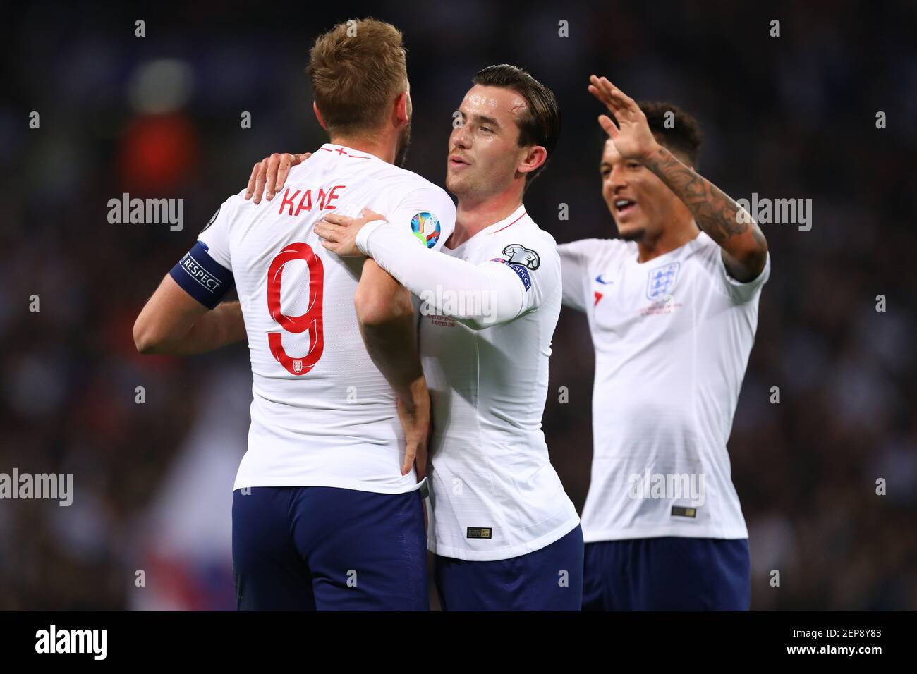 Harry Kane of England is congratulated by Ben Chilwell (C) and Jadon ...