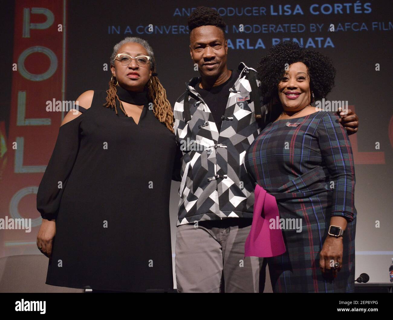 (L-R) Producer Lisa Cortés, Director Roger Ross Williams and Moderator ...