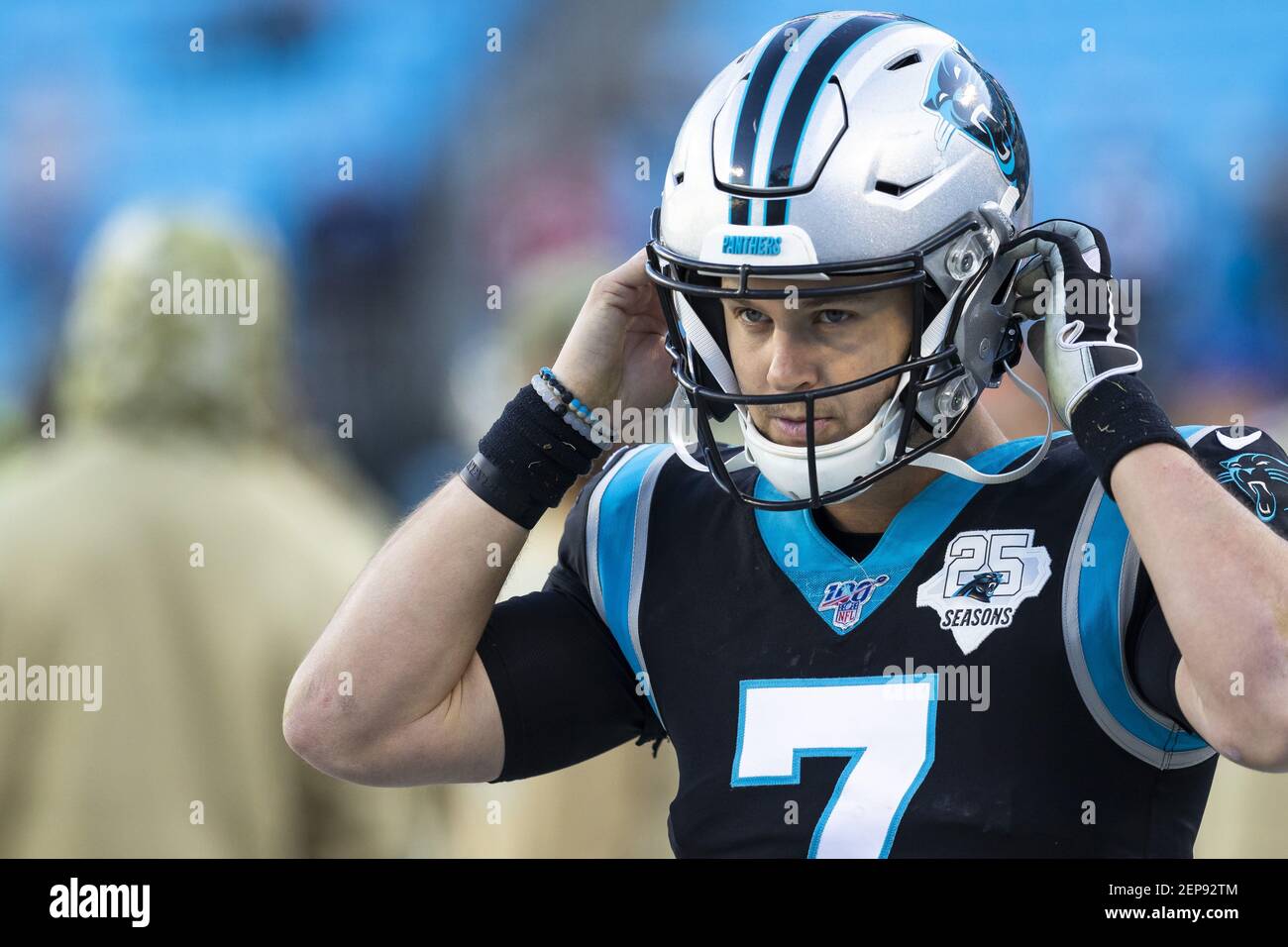 November 17, 2019: Carolina Panthers quarterback Kyle Allen (7) straps ...