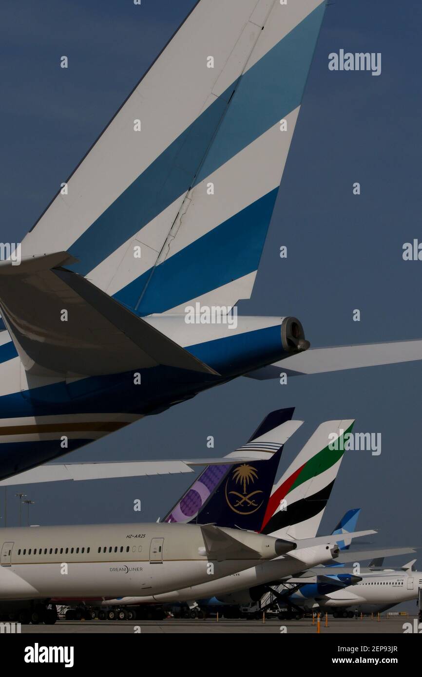 Civil jet aircraft of commercial airlines on a static display during ...