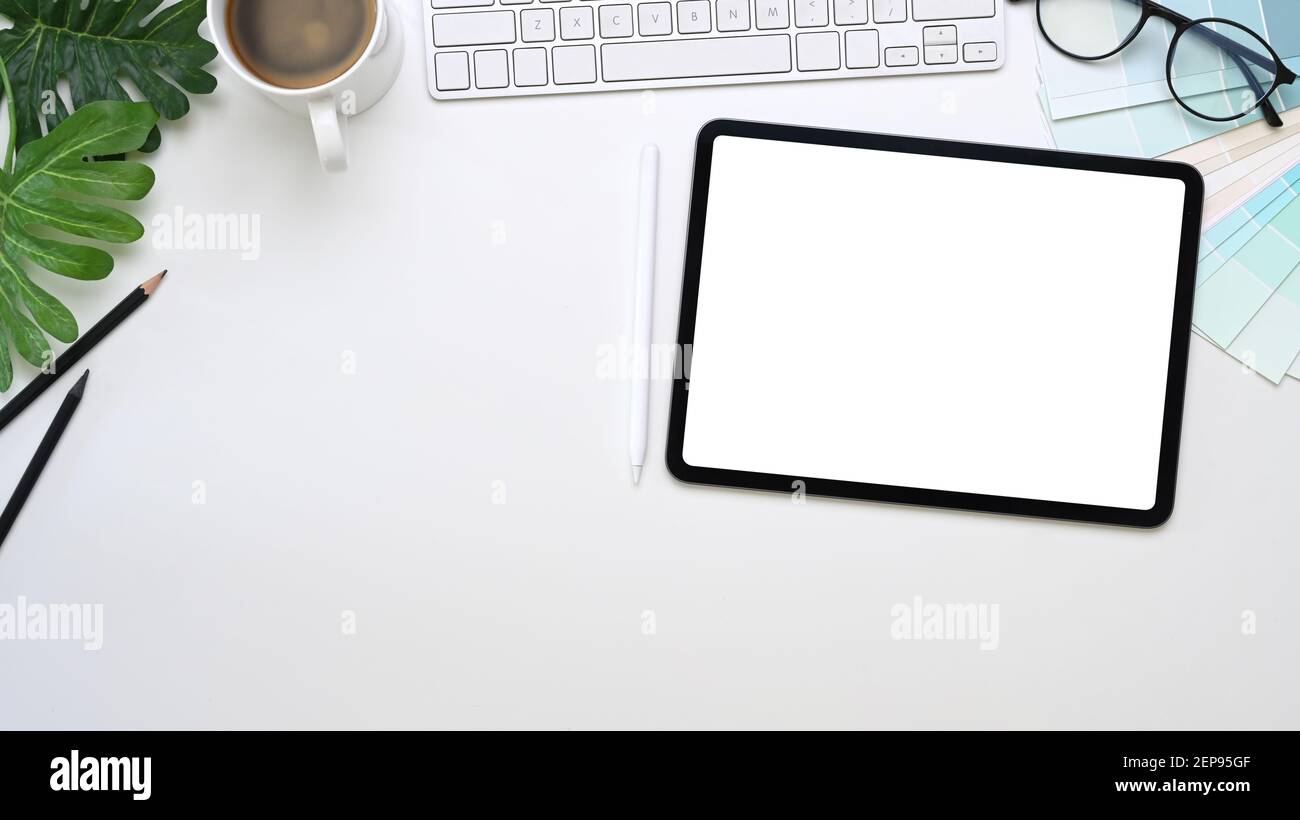 Top View Of Graphic Designer Workplace With Digital Tablet Coffee Cup