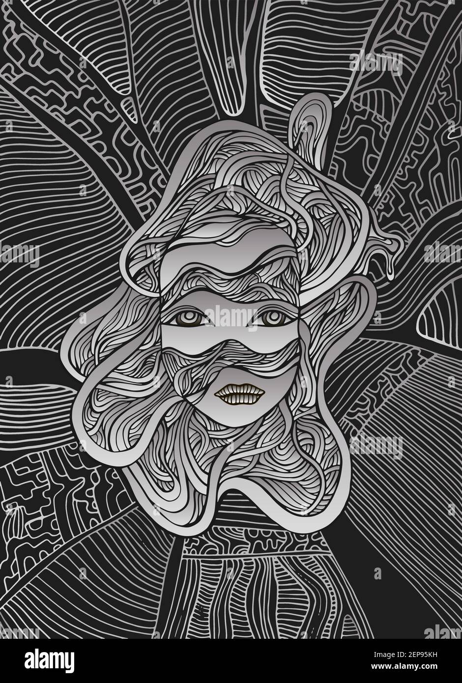 Steampunk cyborg face girl art, isolated gradien metallic color silver ...