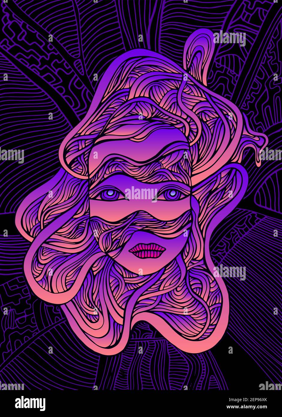 Fantastic cyborg girl face in wires, bright pink violet gradient color ...