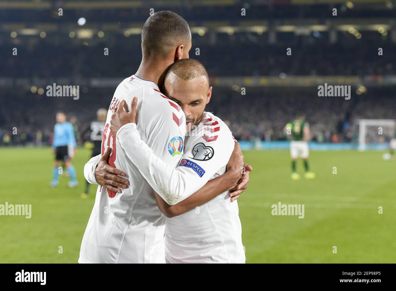 Martin Braithwaite of Denmark celebrates scoring with Mathias Jorgensen ...