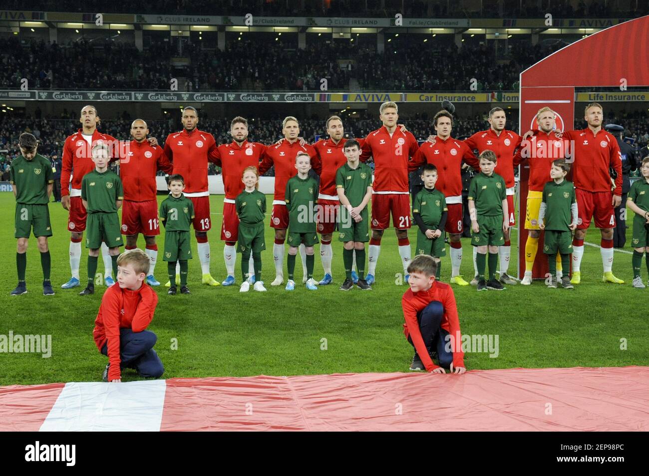 The Danish national football team during national anthem during the ...