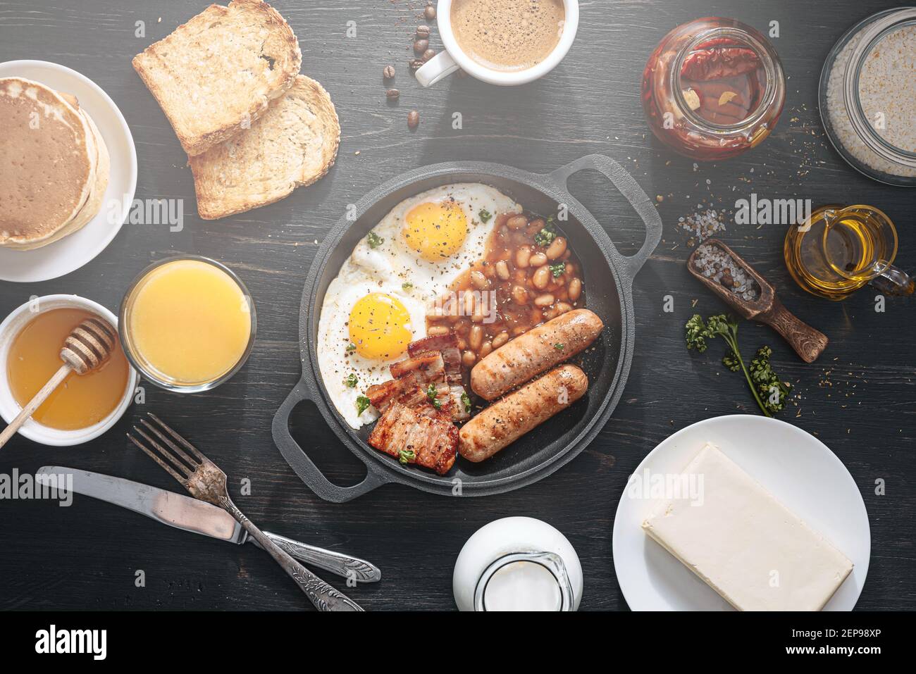 classic high-calorie breakfast for a productive work day Stock Photo ...