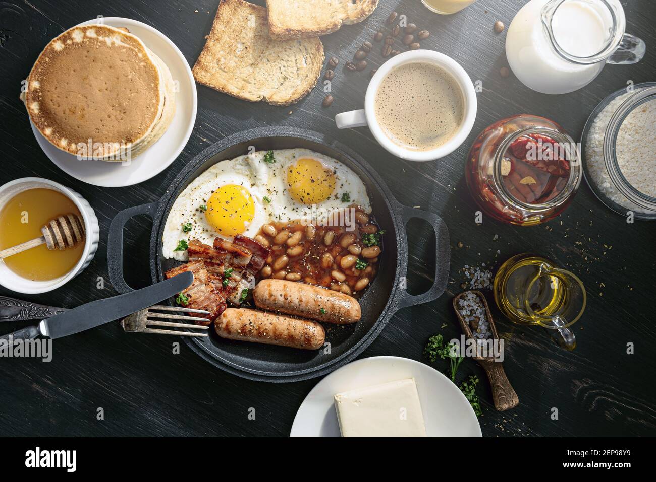 classic high-calorie breakfast for a productive work day Stock Photo ...