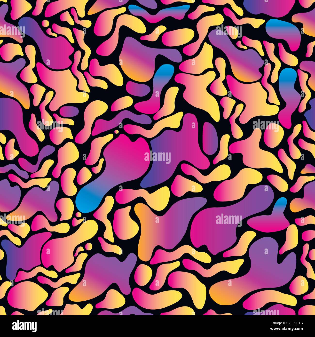 Psychedelic colorful abstract shapes seamless pattern, black background ...