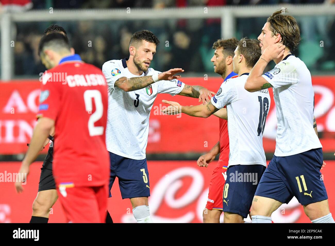 Italy’s Nicolo' Barella celebrates with teammates after scoring the 3-0 ...