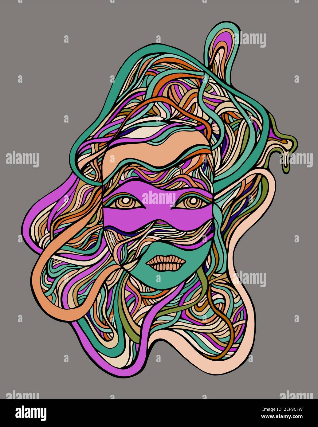 Cyborg girl face in wires, isolated grey background. Vector hand drawn ...