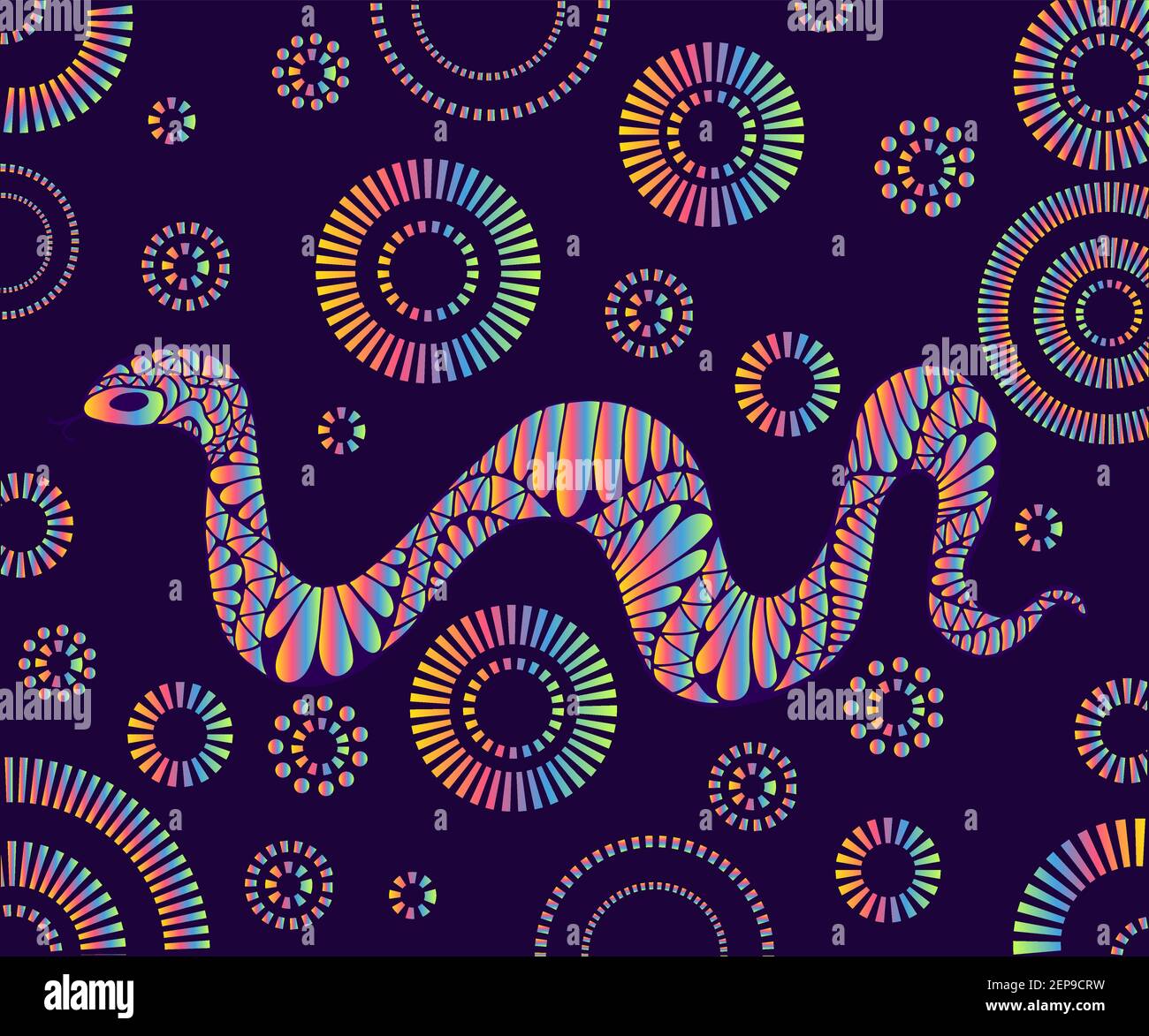 Intricate colorful snake, neon gradient color, isolated on dark purple ...