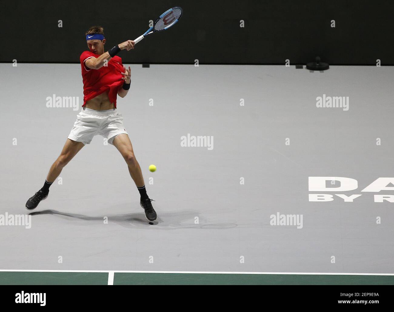 Nicolas Jarry of Chile in action during the singles match against Guido ...