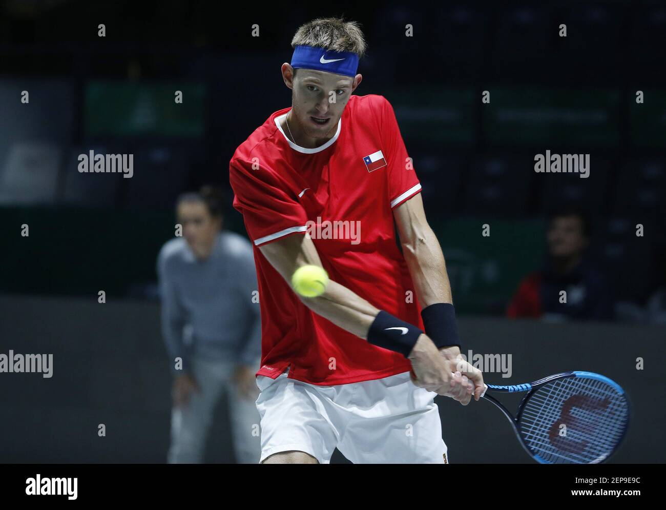 Nicolas Jarry of Chile in action during the singles match against Guido ...