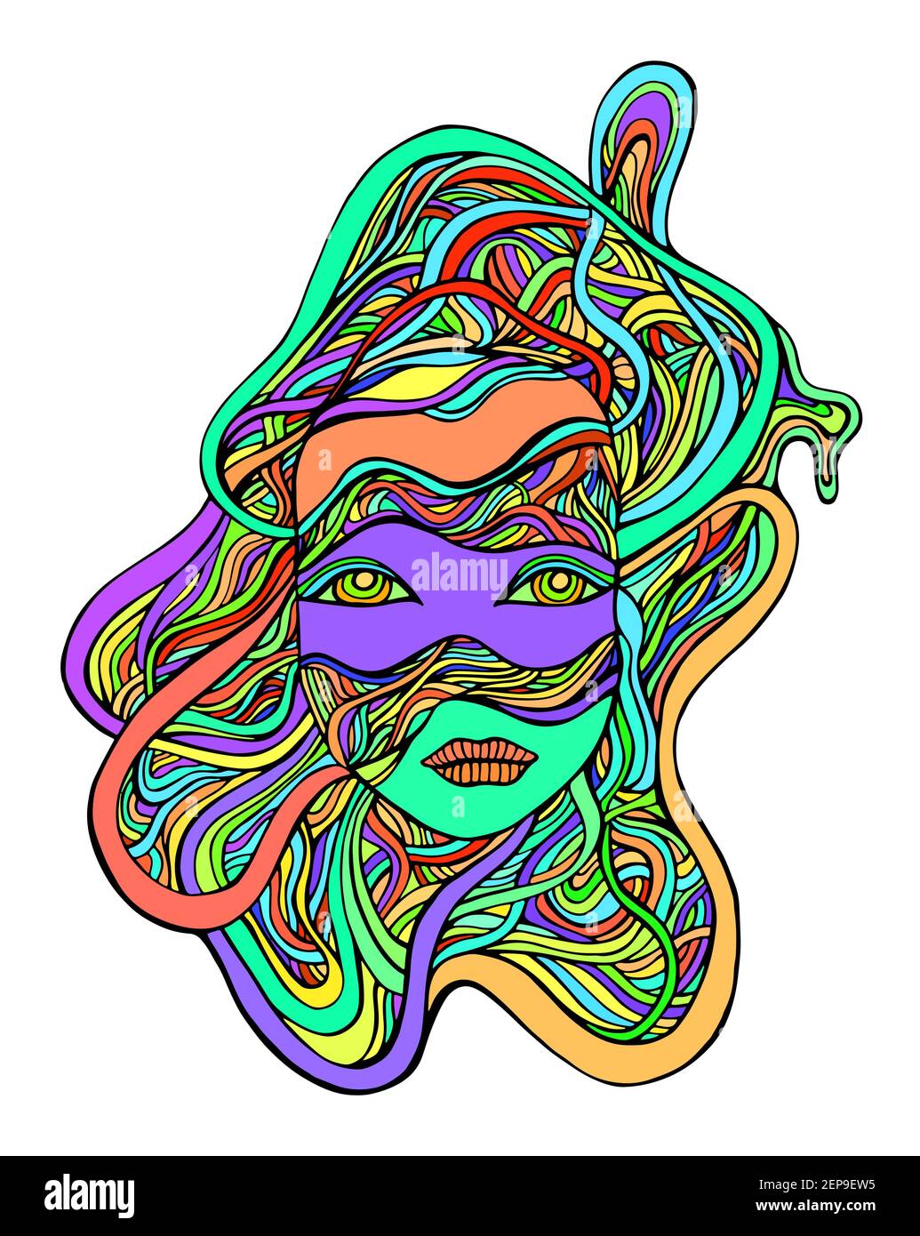 Cartoon fantastic colorful cyborg girl face in wires, isolated white ...