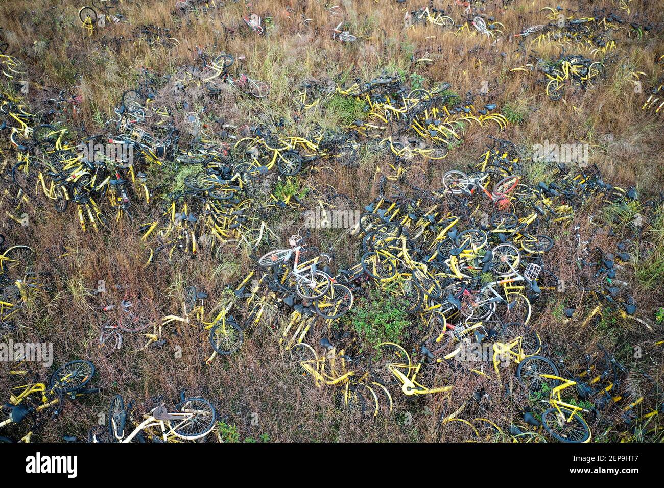 Aerial view of the piles of abandoned and broken bicycles in a suburb ...