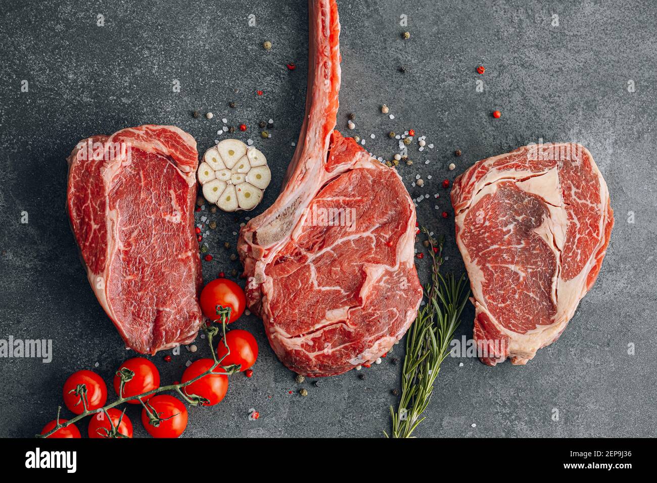 Fresh raw Prime Black Angus beef steaks. Variety of raw beef meat ...