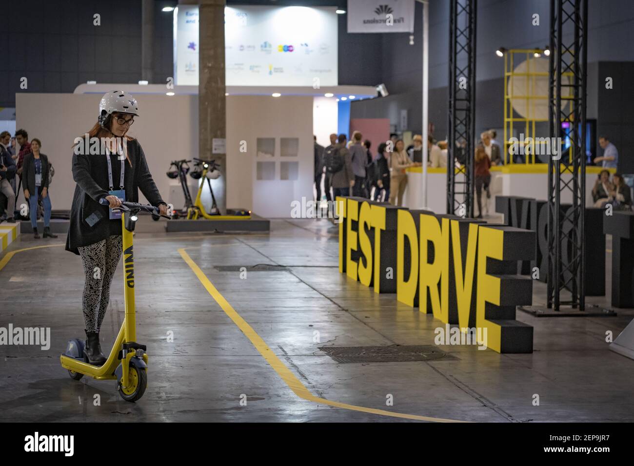 A visitor seen in the Test Drive area driving an electric skateboard ...