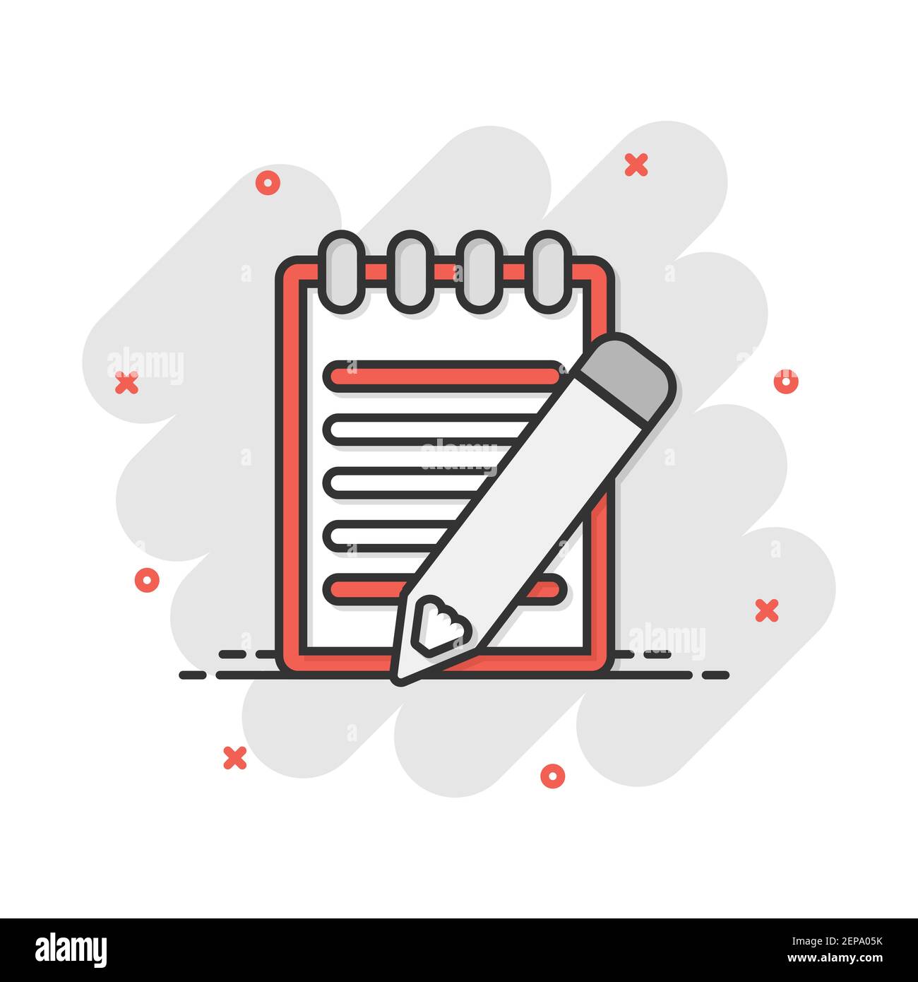 Vector cartoon document with pencil icon in comic style. Note with pen ...