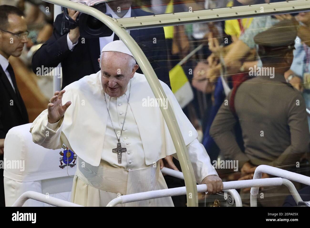 Pope Francis (His Holiness Pope Francis) is waving hand to people in ...