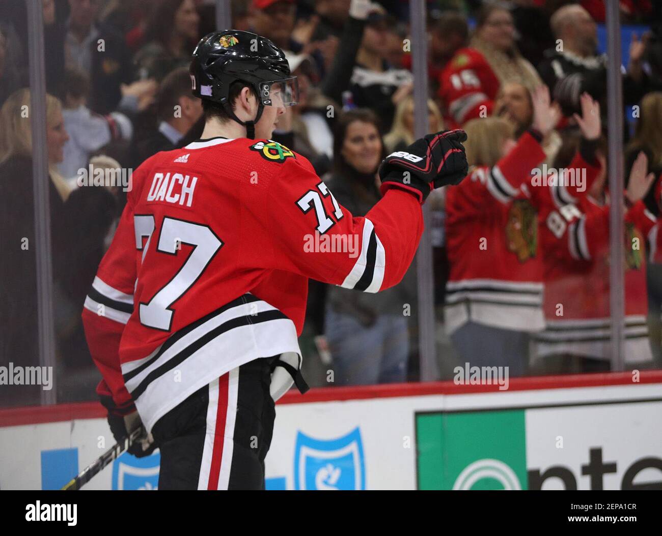 Blackhawks center Kirby Dach celebrates his goal against the Sabres in ...