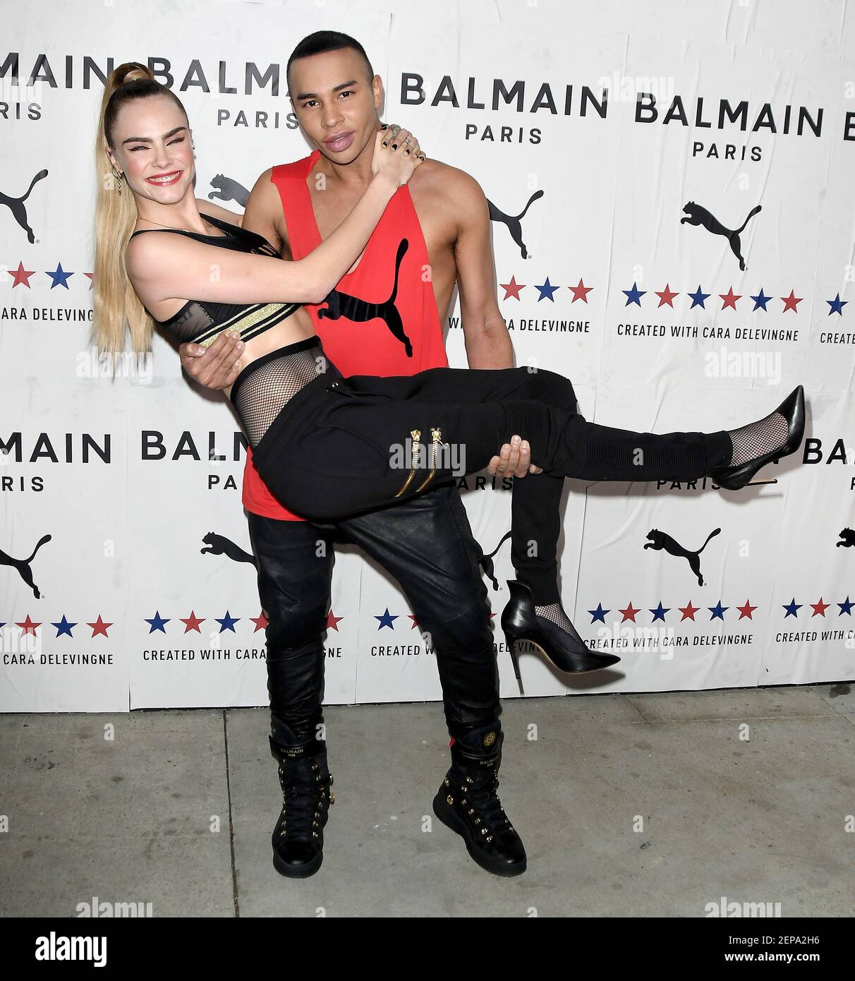(L-R) Cara Delevingne and Olivier Rousteing at the PUMA x Balmain ...