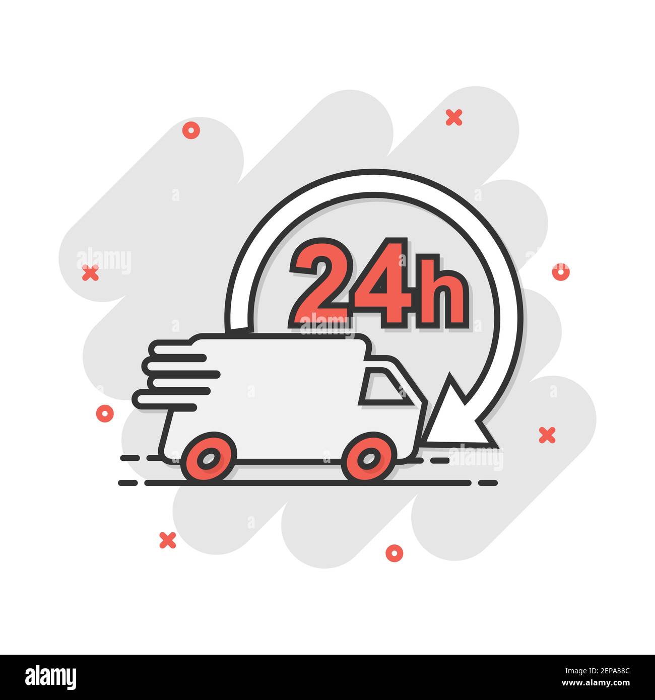 Vector cartoon delivery truck 24h icon in comic style. 24 hours fast ...