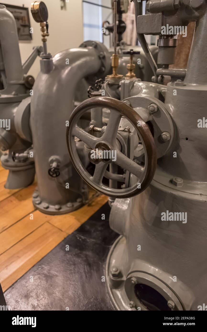 Detail of a classic 1934 industrial hydroelectric generator turbine ...