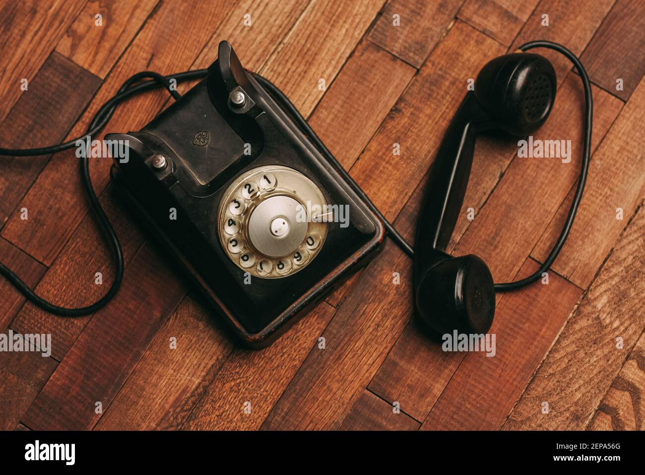 retro telephone communication technology call antique wooden background ...