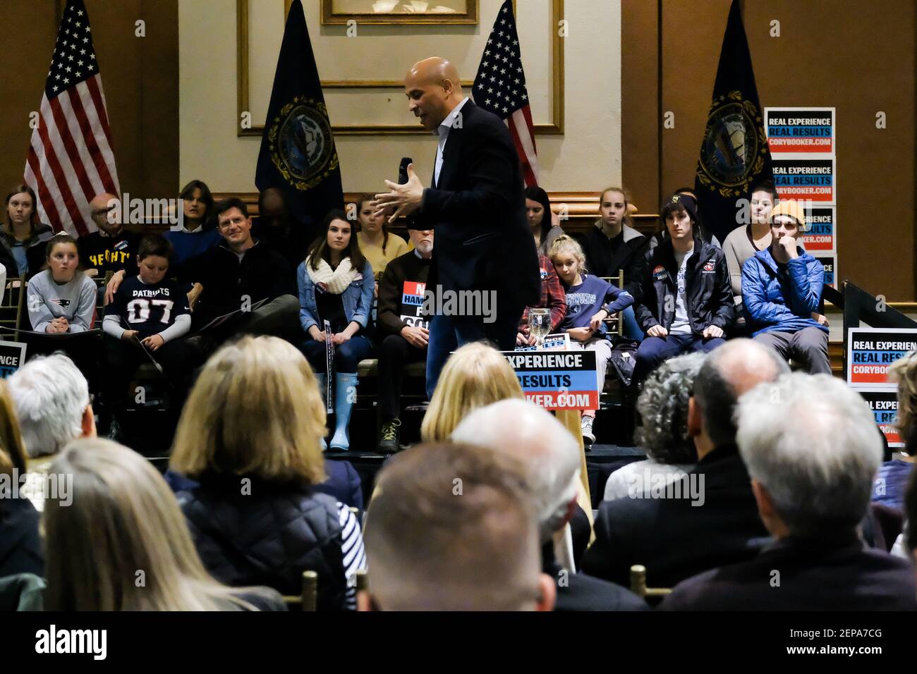 Presidential candidate Cory Booker addresses his supporters at the University of New Hampshire ...