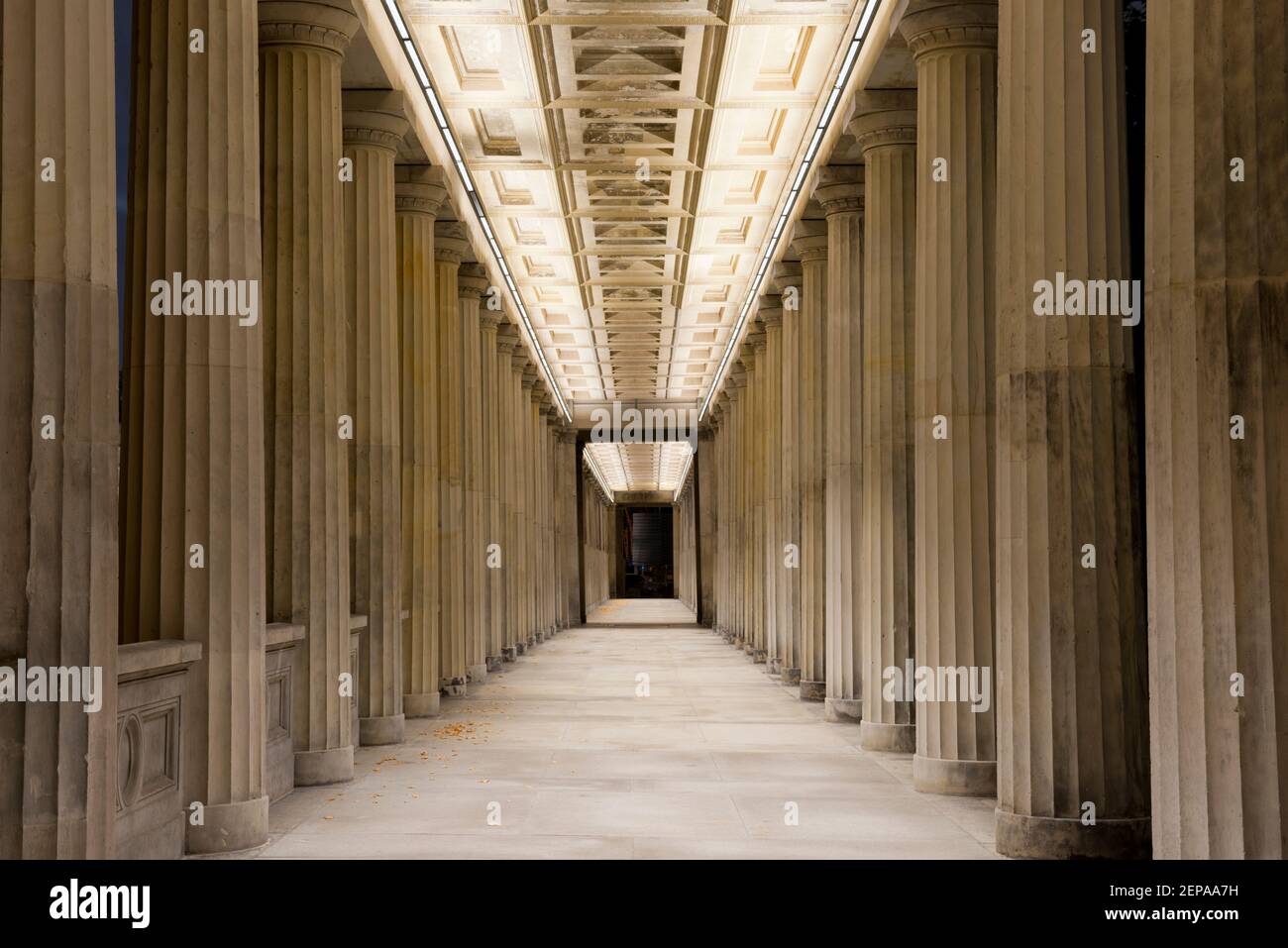 A corridor lined with pillars outside the Pergamon Museum on Museum ...