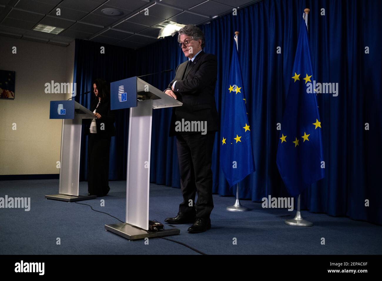 Press conference by the European Commissioner Thierry Breton following ...