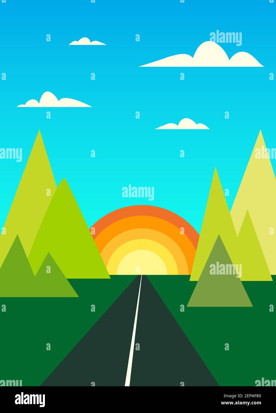 Cartoon flat style landscape with mountains, sun and the road going ...