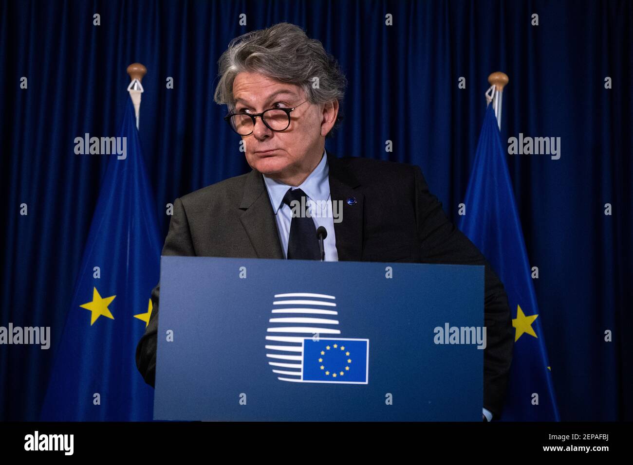Press conference by the European Commissioner Thierry Breton following ...