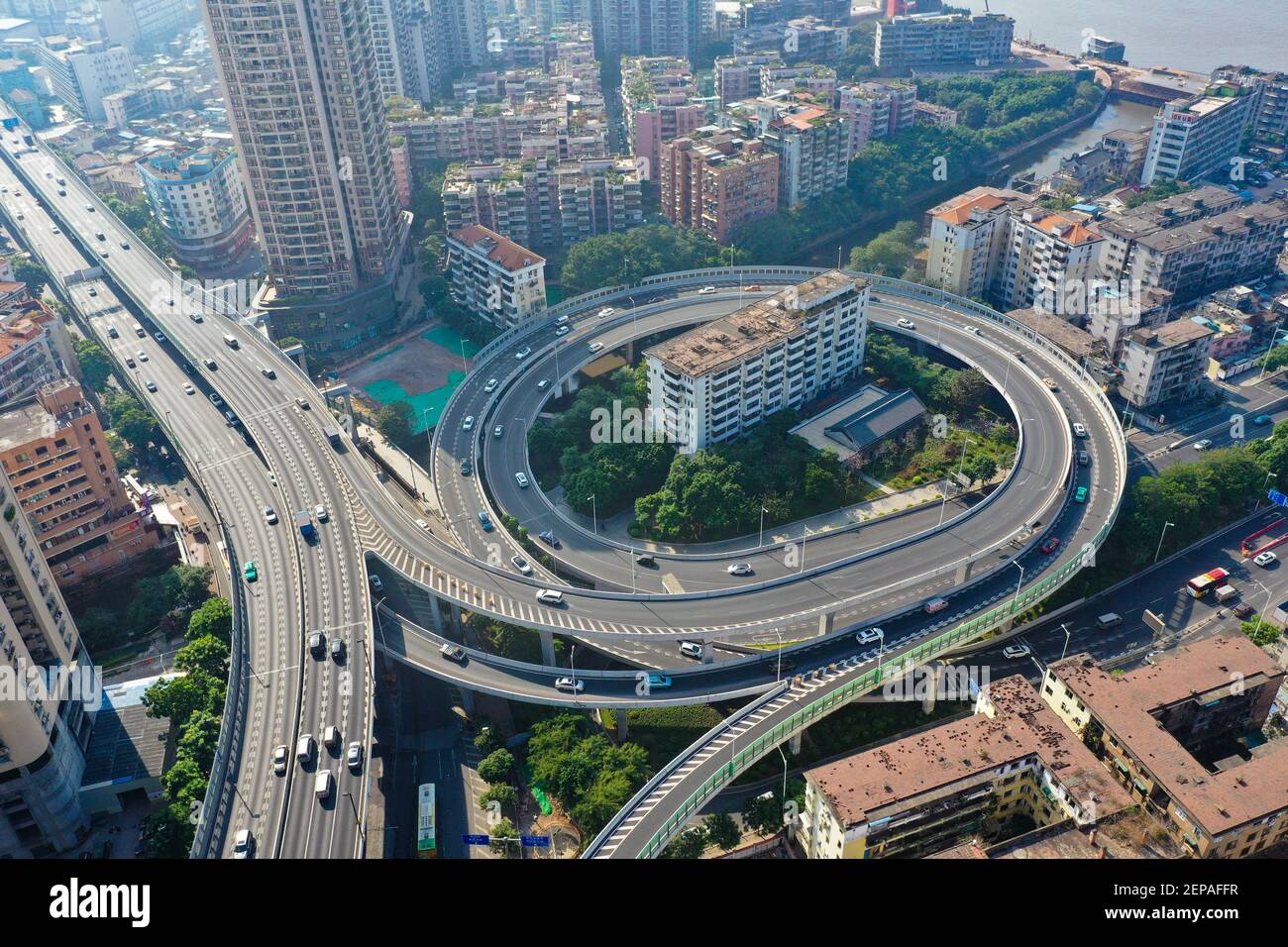 An aerial view of the resident building surrounded by a circle flyover ...