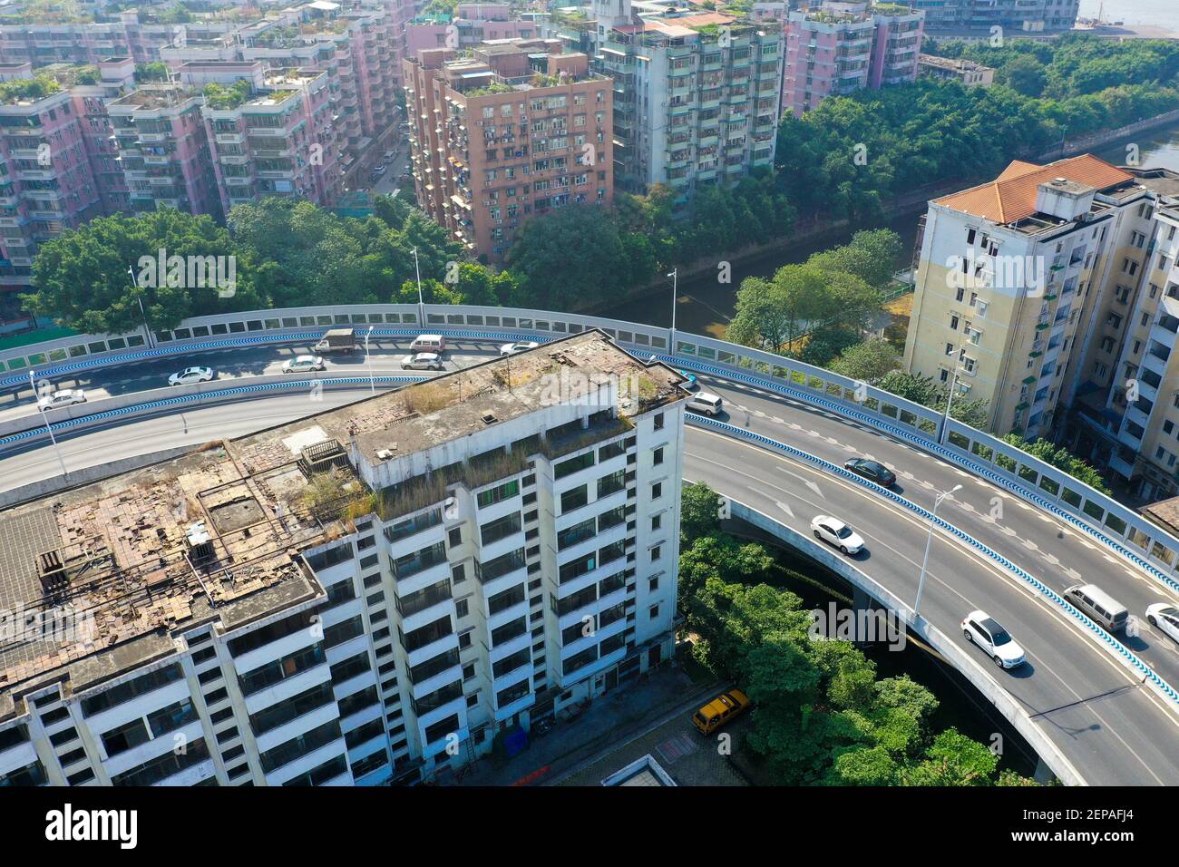 An aerial view of the resident building surrounded by a circle flyover ...