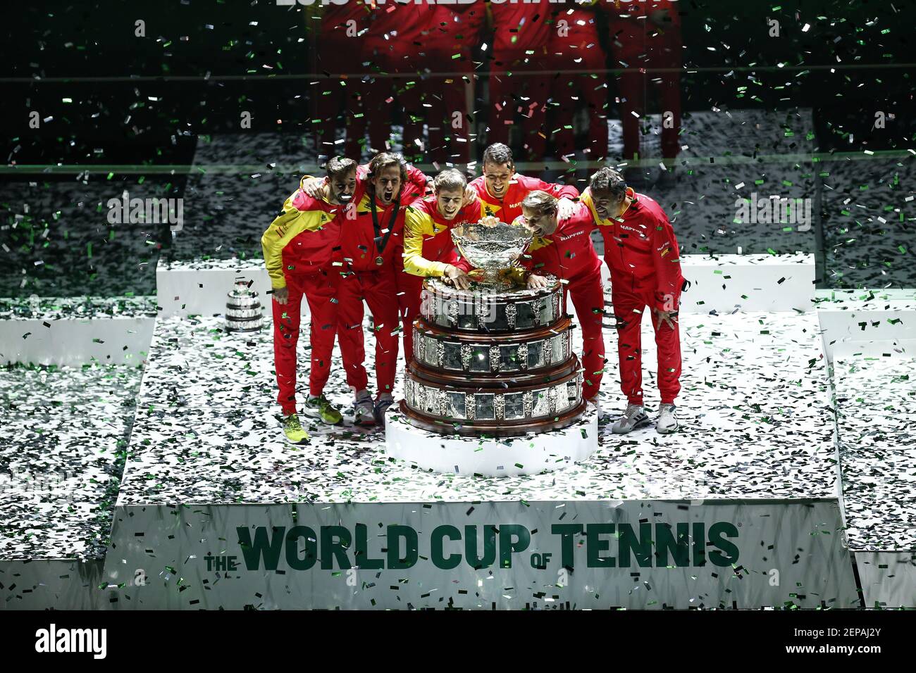 Spain team pose with the Davis Cup after the Finals of Day 7 during the ...