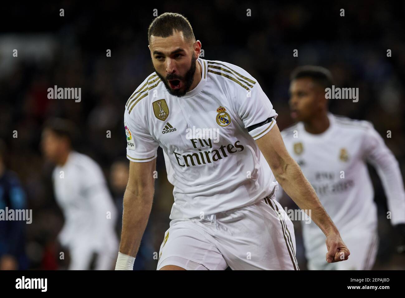 Karim Benzema of Real Madrid celebrates a goal during the La Liga match ...