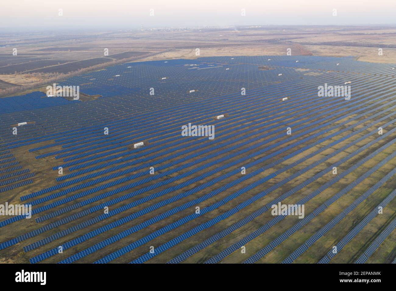 Solar station with many panels of solar cells, aerial view Stock Photo ...