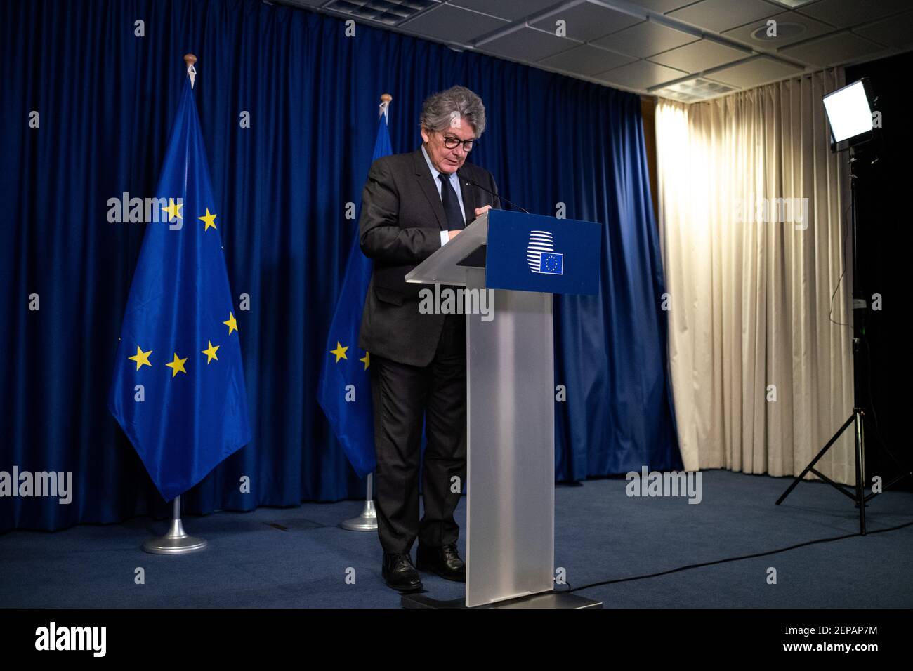 Press conference by the European Commissioner Thierry Breton following ...
