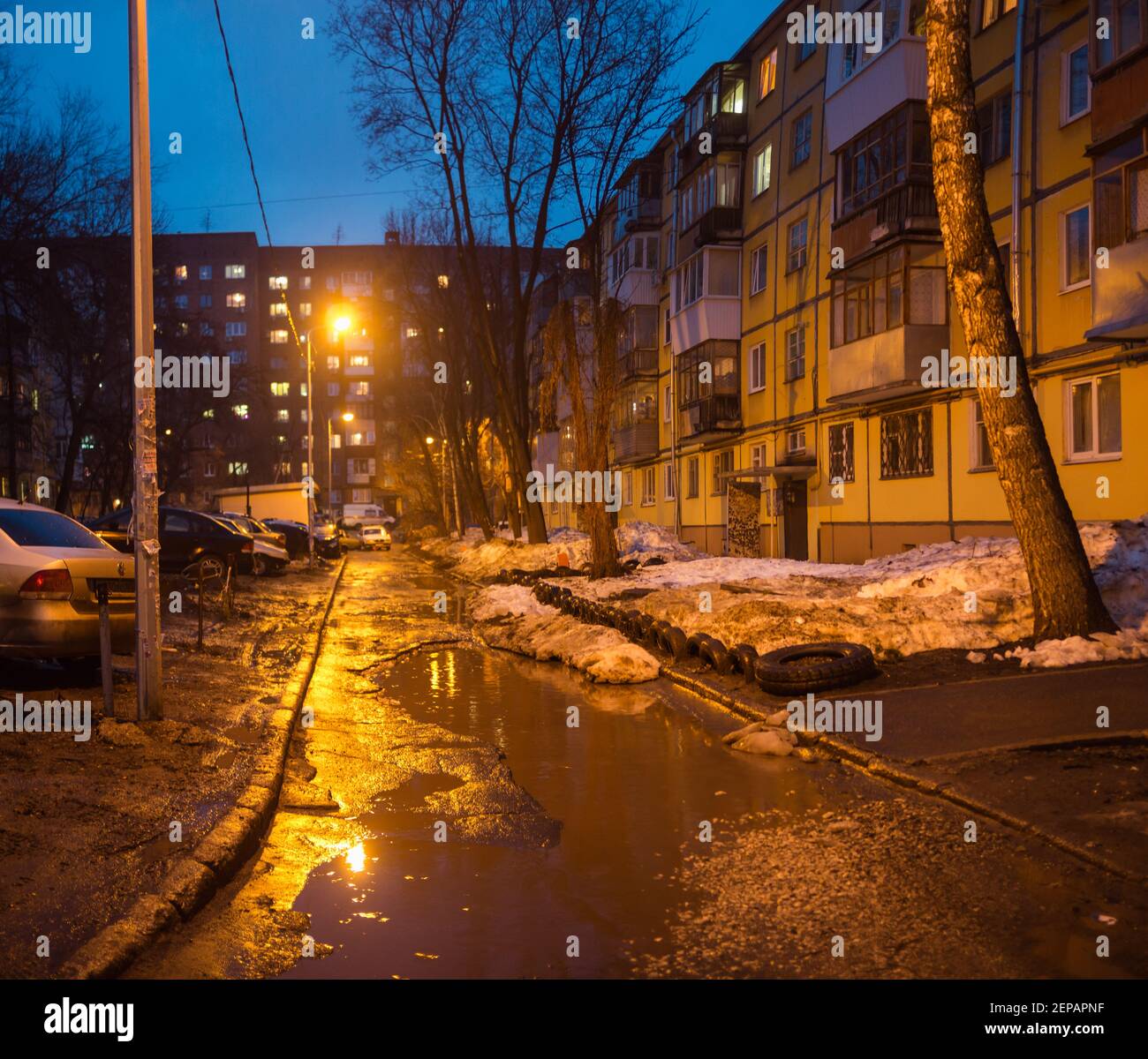 Winter and fall city depressive view with wet street after rain Stock ...