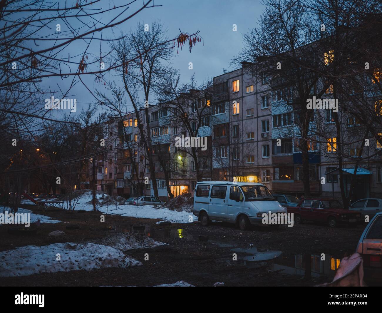 Winter and fall city depressive view with wet street after rain Stock ...