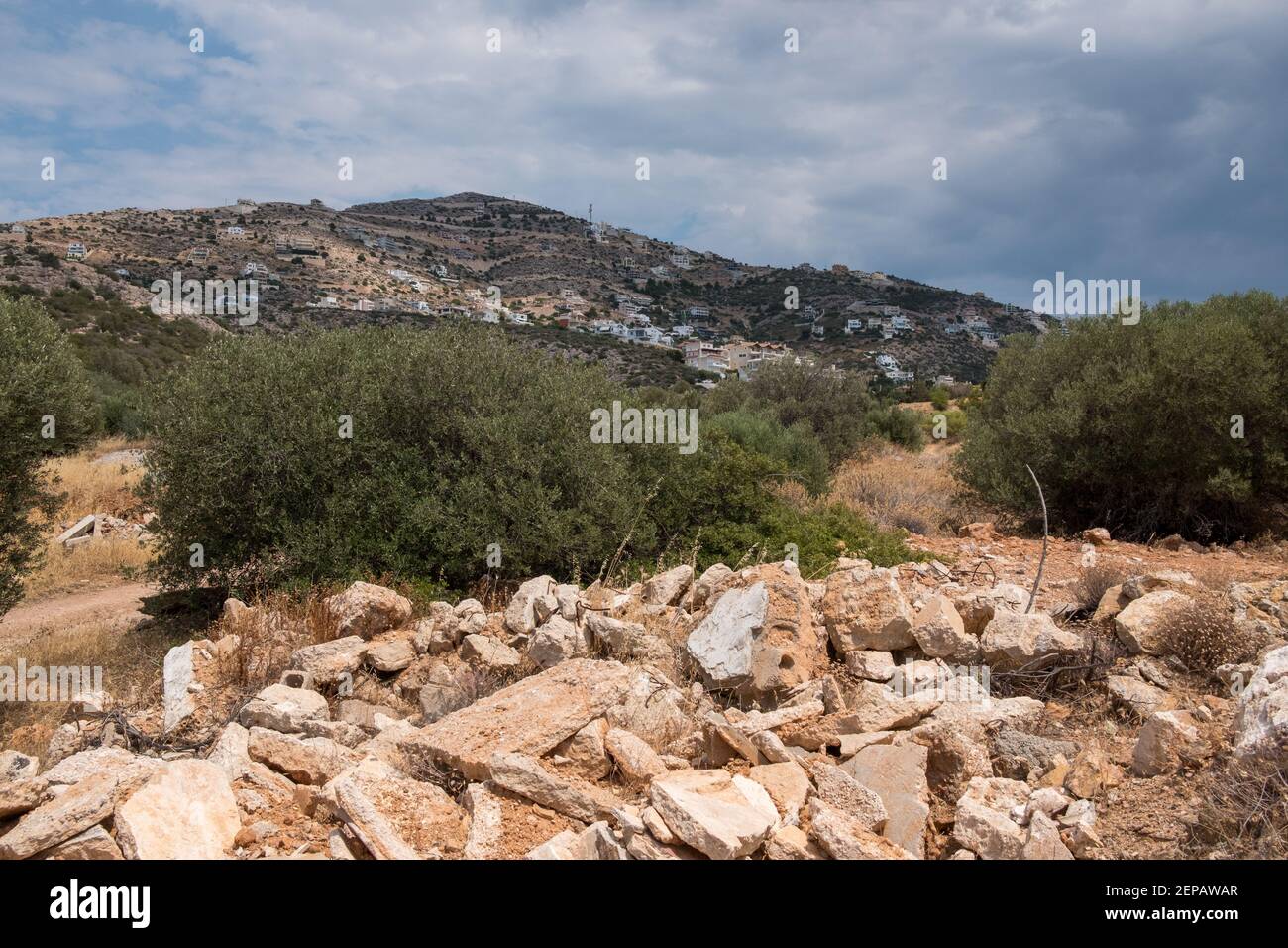 Pile of building rubble at the base of Saronida mountain, East Attica ...