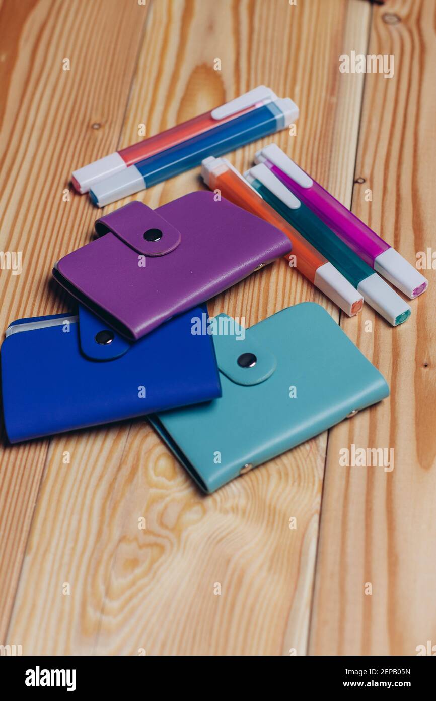 stationery business card holder colorful markers office desktop Stock ...