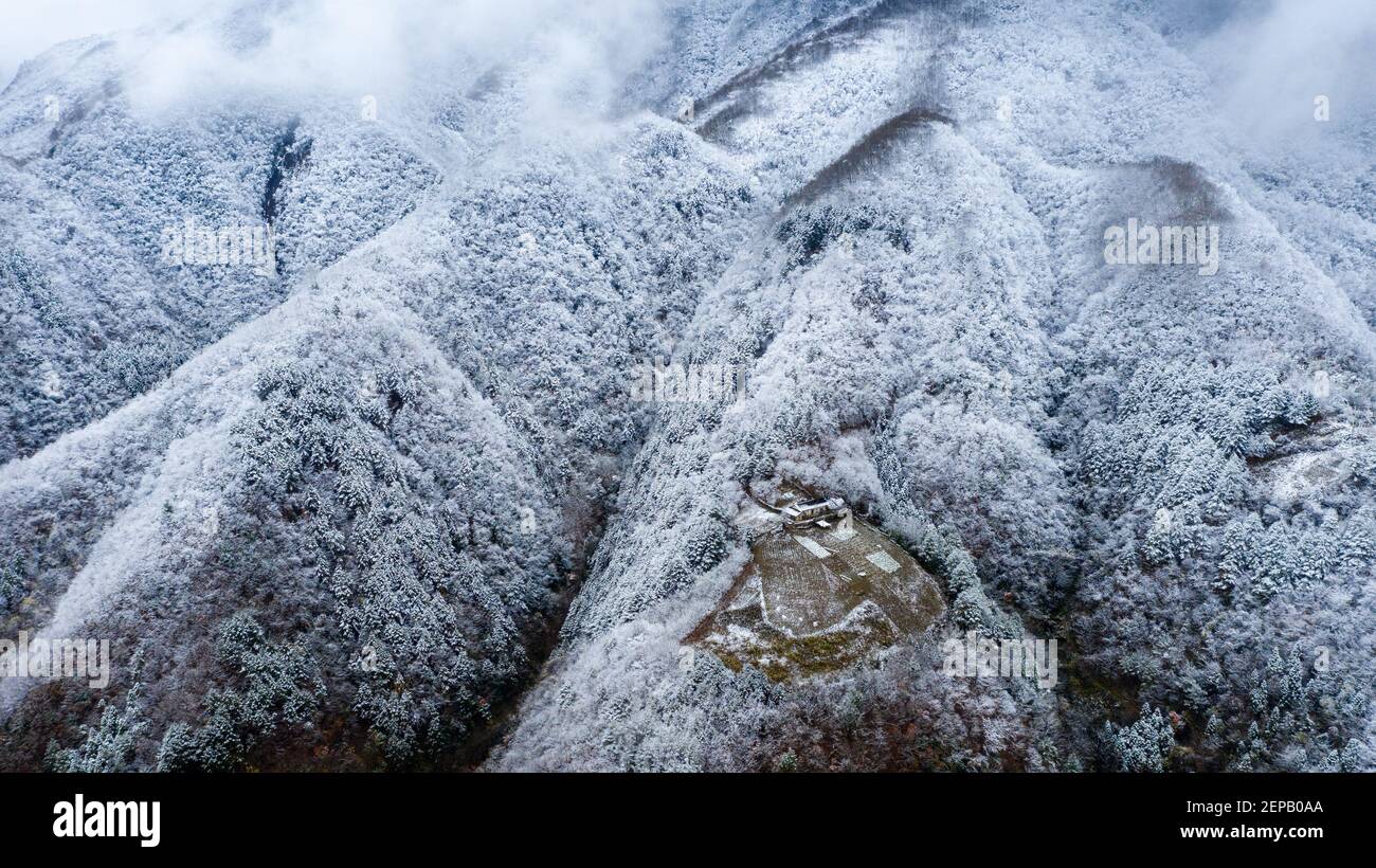 CHINA-Aerial photo taken on Nov. 26, 2019 shows snow on Daba mountain ...