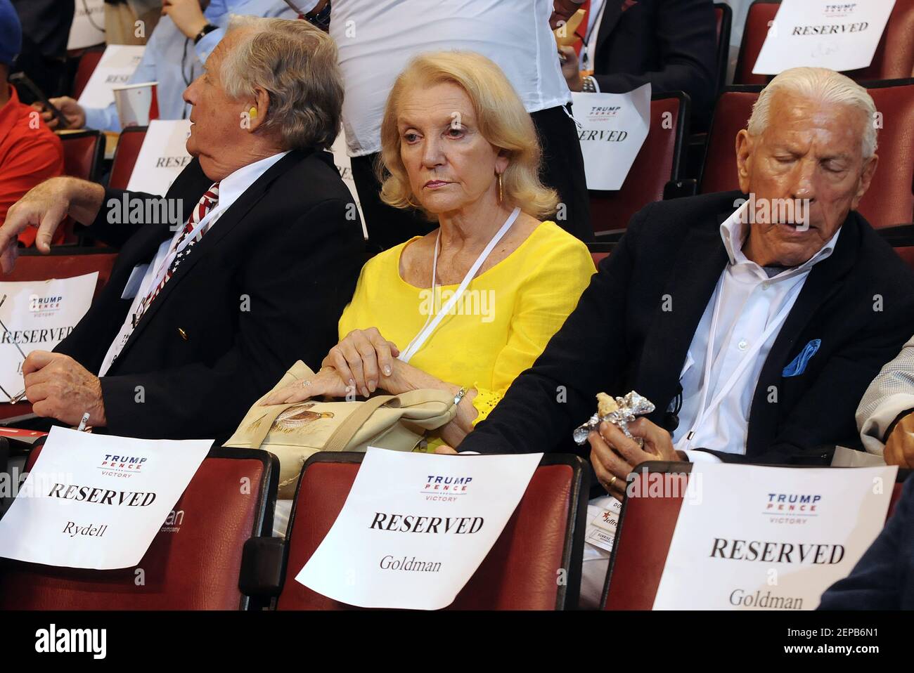 People in the reserved seating section wait for U.S. President Donald ...